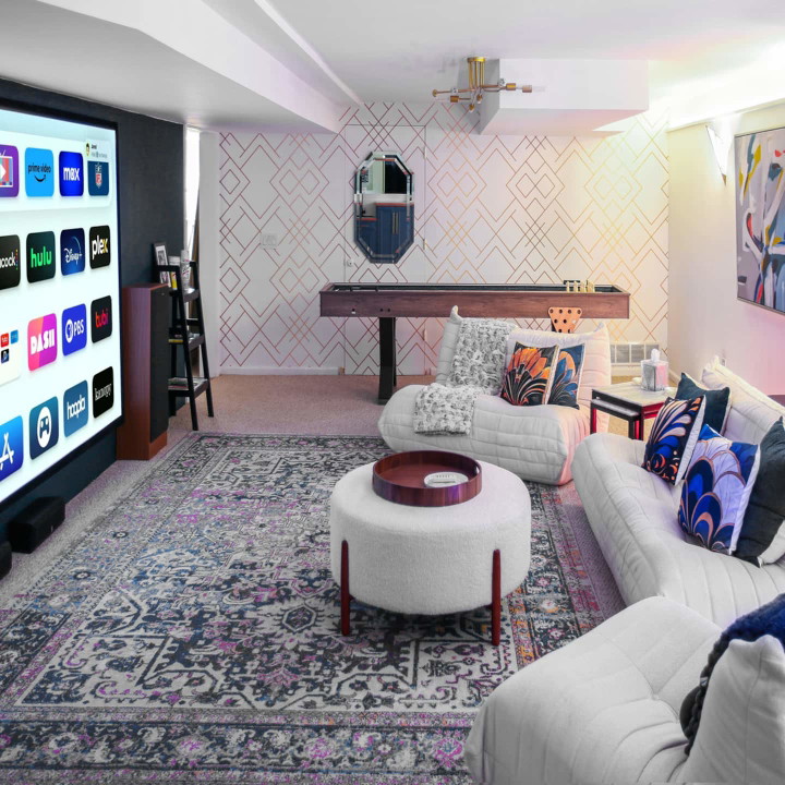 Dapper Deco Private Basement 120" Screen & Games - Kalamazoo, MI