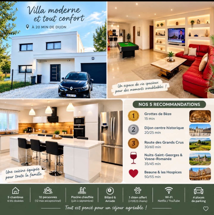 Villa 5 Chambres 6 Lits Dbls Piscine 20 Min Dijon - Côte-d'Or