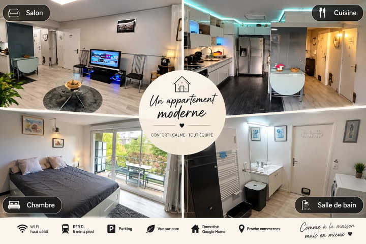 Appartement Confort, Balcon, Vue Parc & 5min Rer D - Essonne